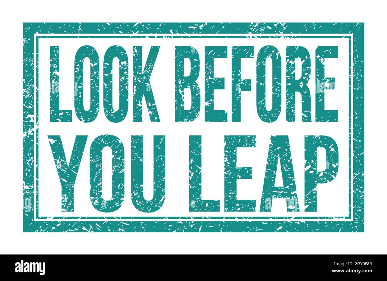 LOOK BEFORE YOU LEAP, words written on blue rectangle stamp sign Stock ...