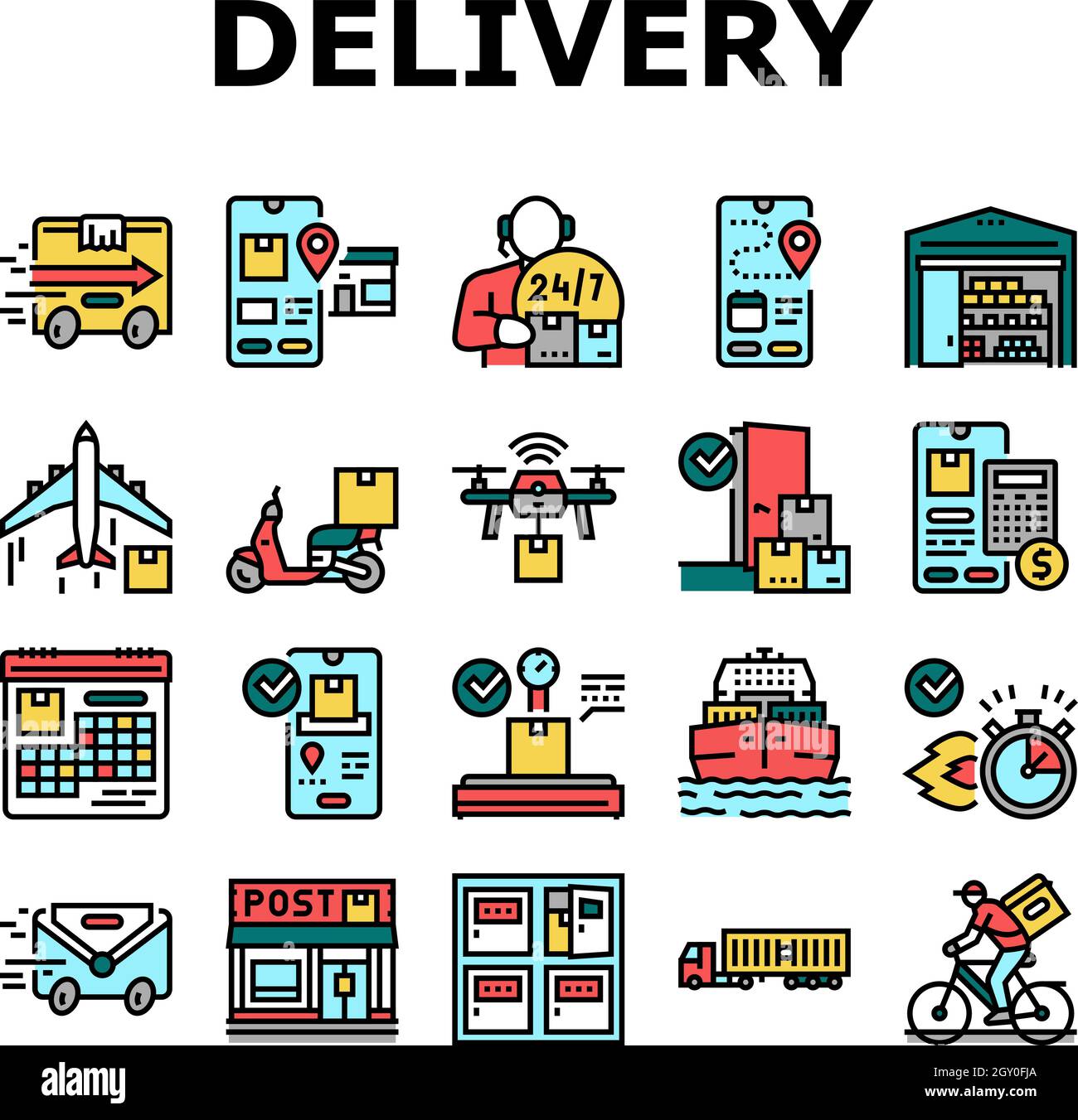 Delivery Service Application Icons Set Vector. Delivery Truck And Cargo ...