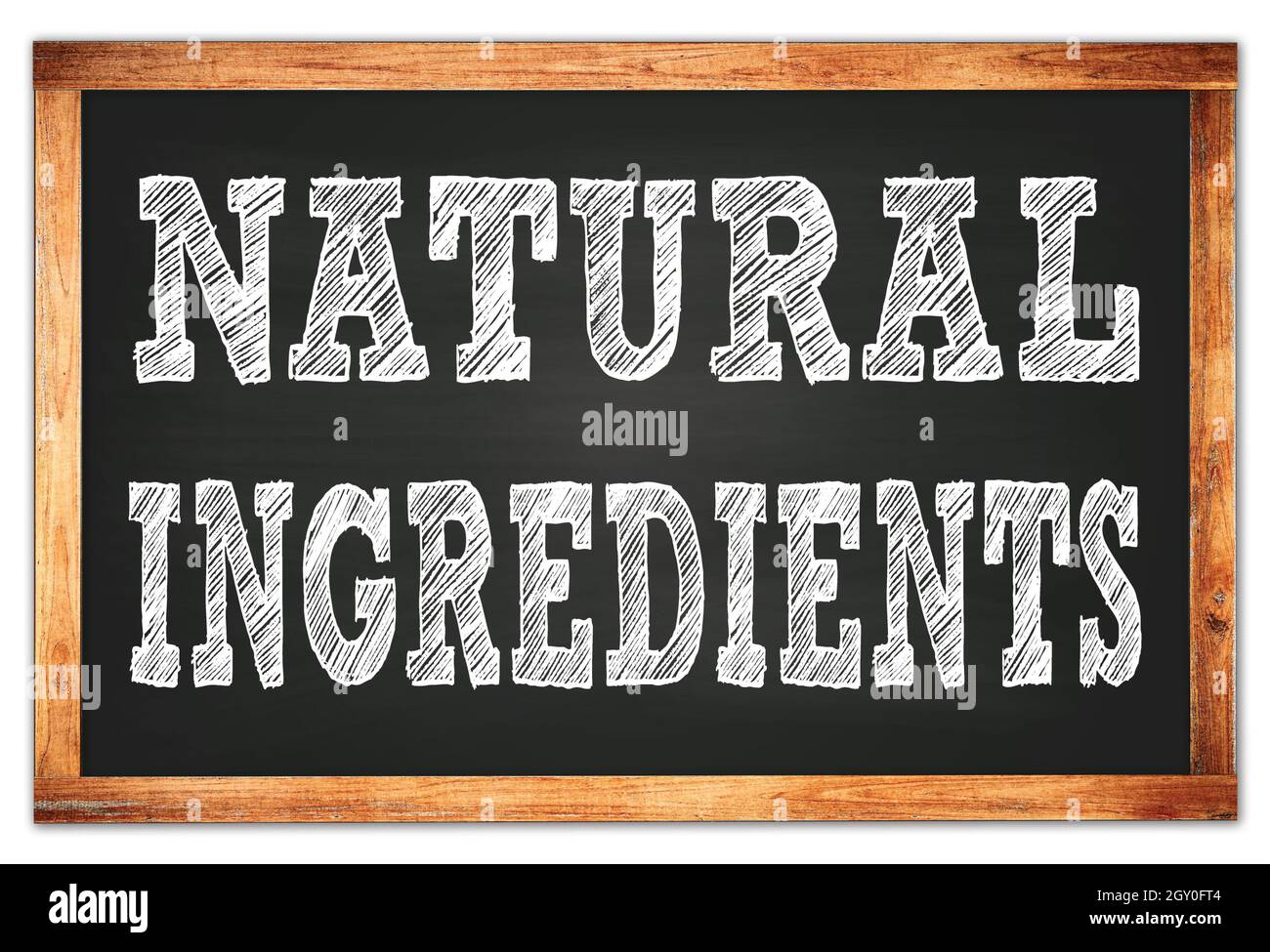 NATURAL INGREDIENTS written on black wooden frame school blackboard ...