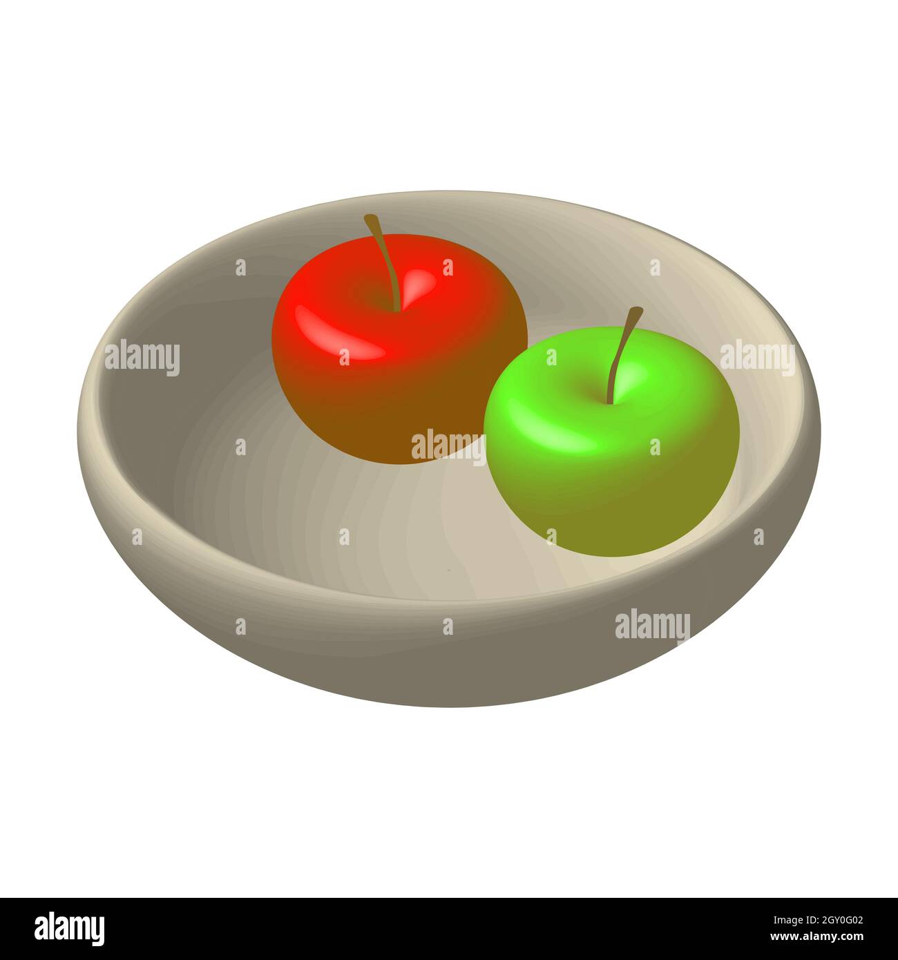 Isometric apples in a plate. Green and red apple in a brown bowl. Room ...