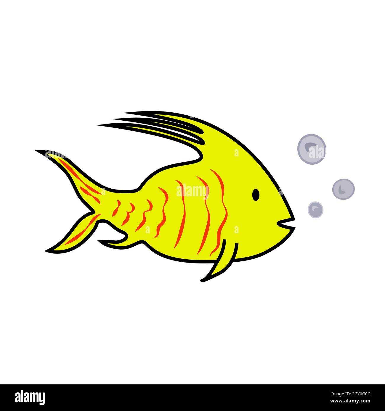 Yellow sea fish with a long upper fin and red stripes. Air bubbles ...