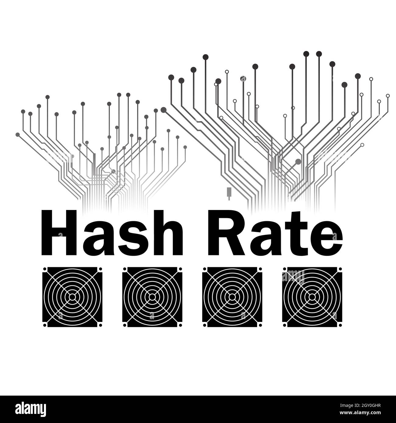 Hash rate of blockchain network with asic icon isolated on white ...