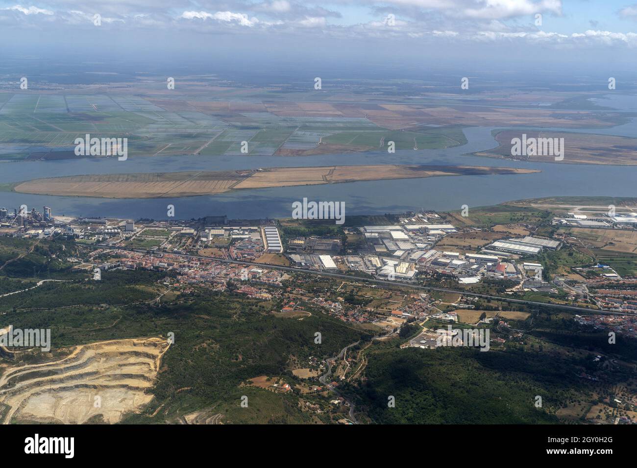 tagus river near lisbon aerial view from airplane landscape Portugal ...