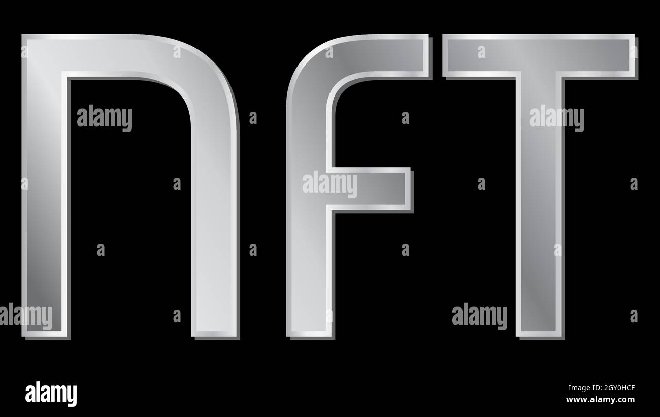 Silver text NFT non fungible token design element isolated on black ...
