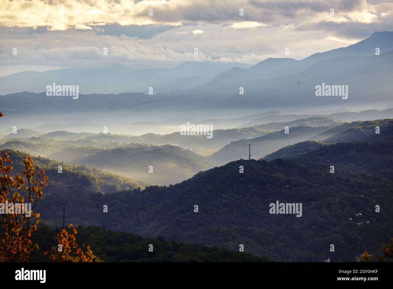 Aerial shot of the Smoky Mountains with haze between the peaks on an ...