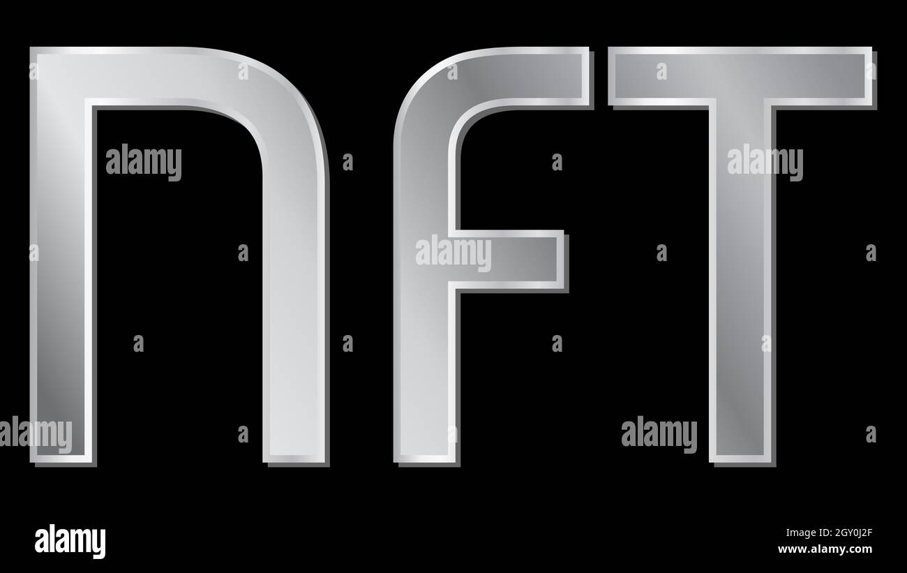 Silver text NFT non fungible token design element isolated on black ...