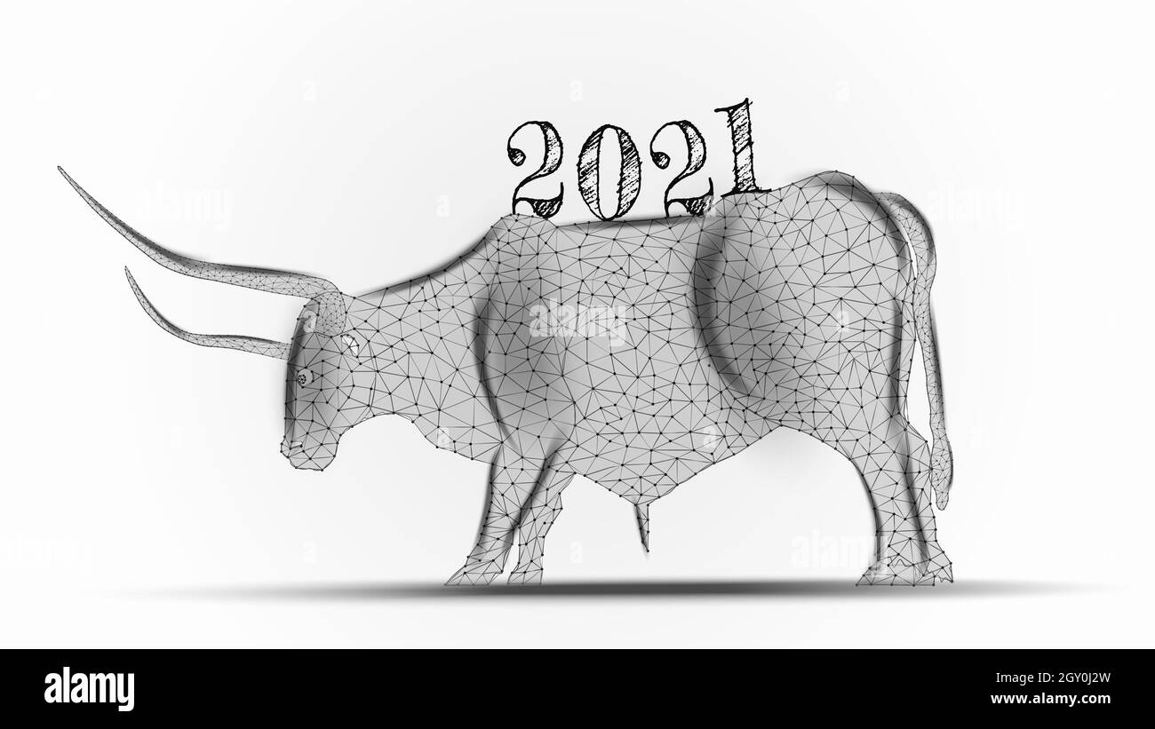 2021 symbol neon polygonal bull on light background. Vector ...