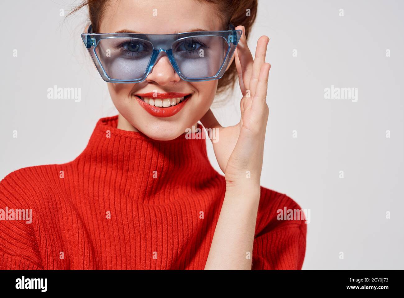 beautiful woman modern style sunglasses light background Stock Photo ...