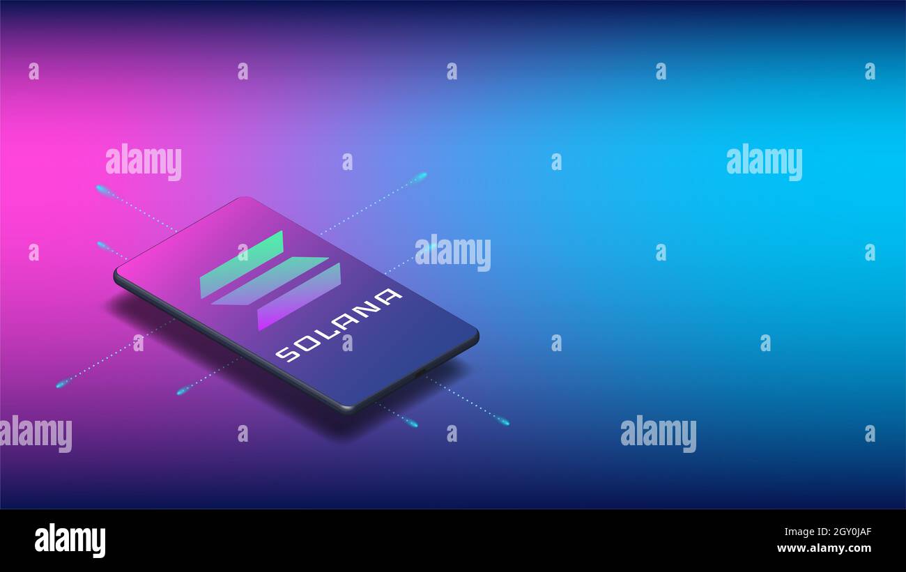 Solana SOL symbol logo on realistic isometric mobile phone with copy ...