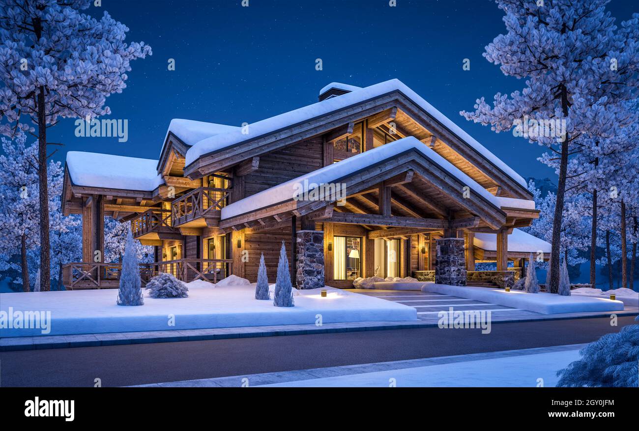 3d rendering of modern cozy chalet with pool and parking for sale or ...