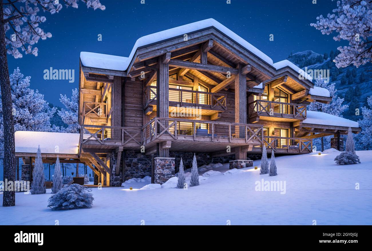 3d rendering of modern cozy chalet with pool and parking for sale or ...