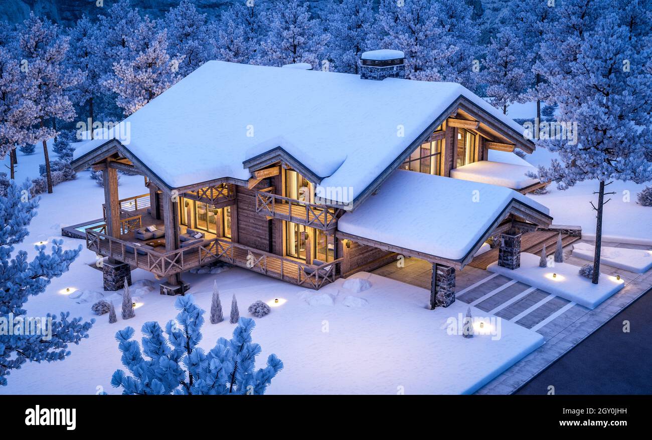 3d rendering of modern cozy chalet with pool and parking for sale or ...