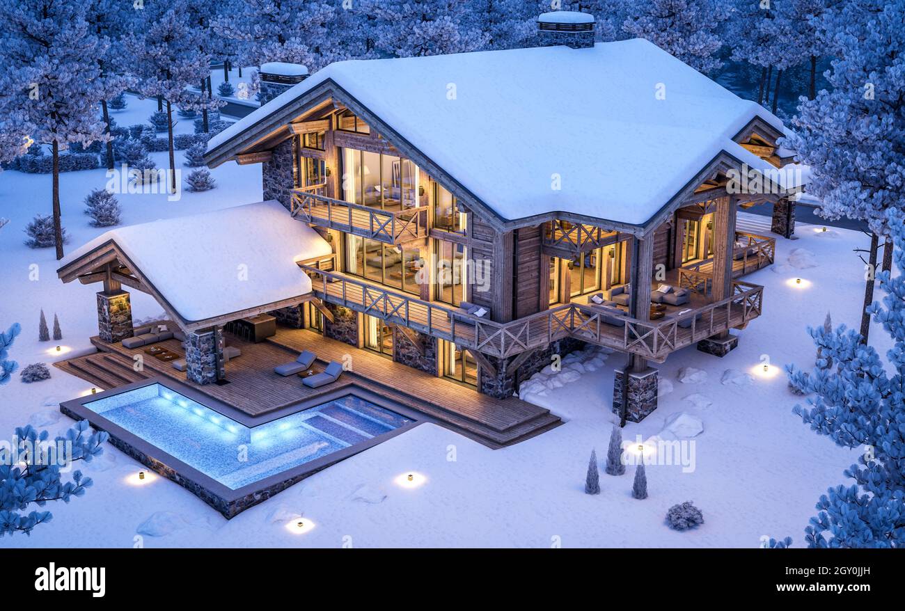 3d rendering of modern cozy chalet with pool and parking for sale or ...