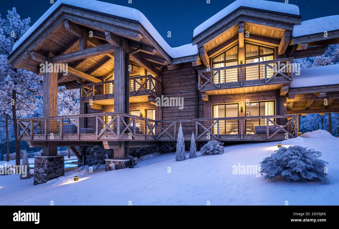 3d rendering of modern cozy chalet with pool and parking for sale or ...