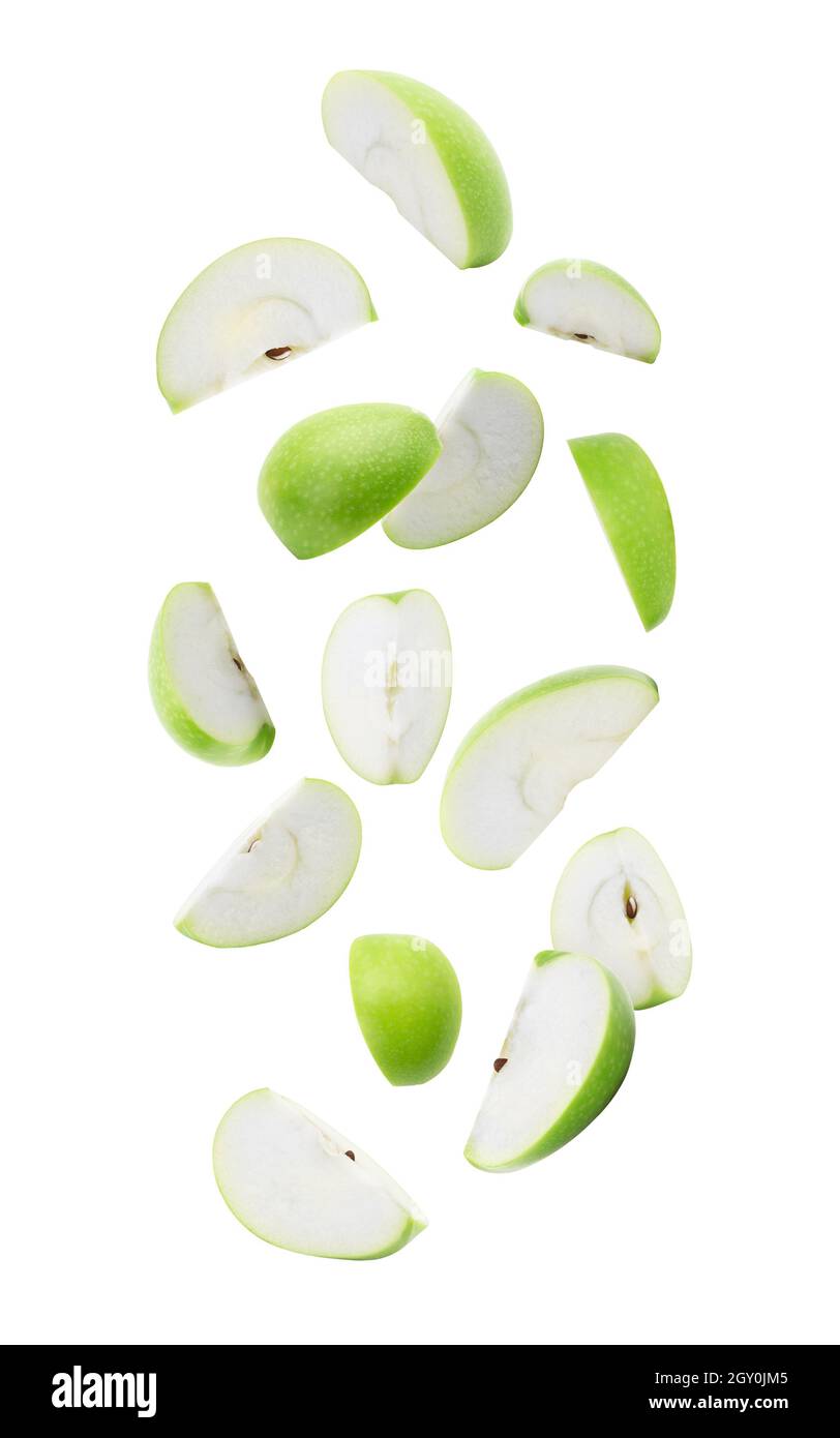 Slice ripe green apple falling isolated on white background with ...