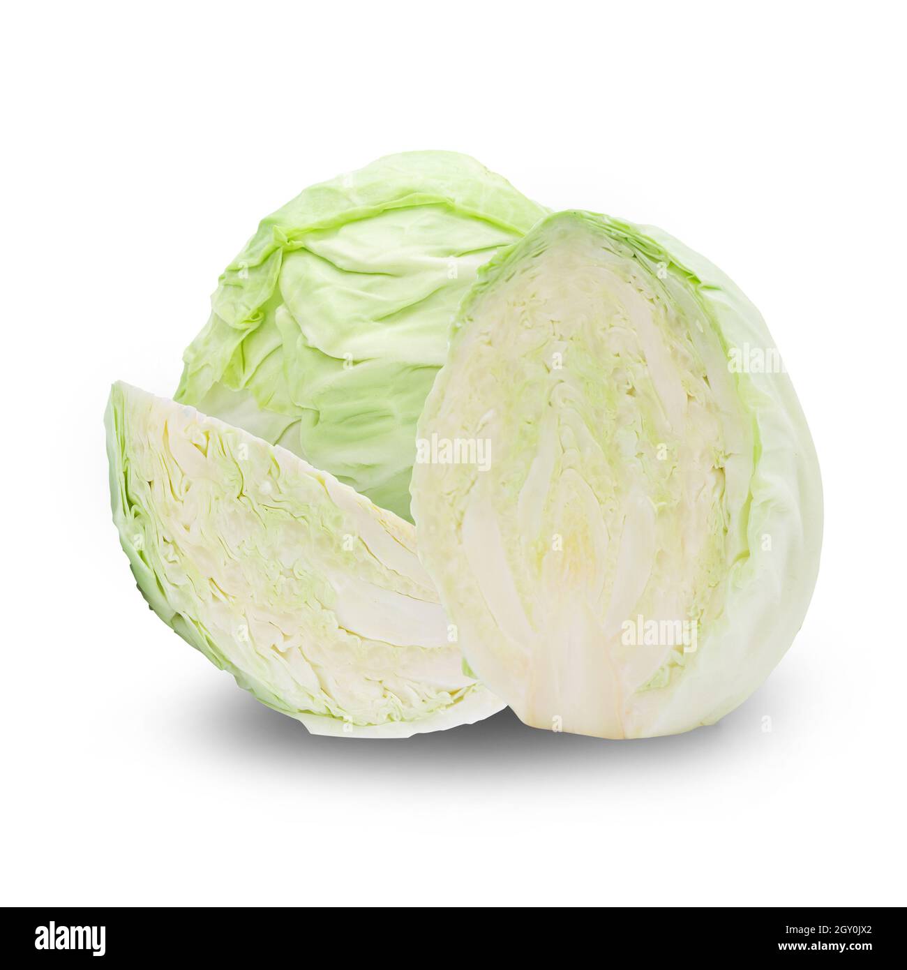 Whole green cabbage and half isolated on white background with clipping ...