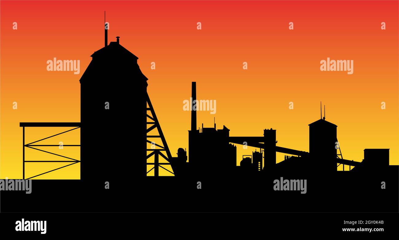 Oil shale processing plant silhouette on background of sunset ...