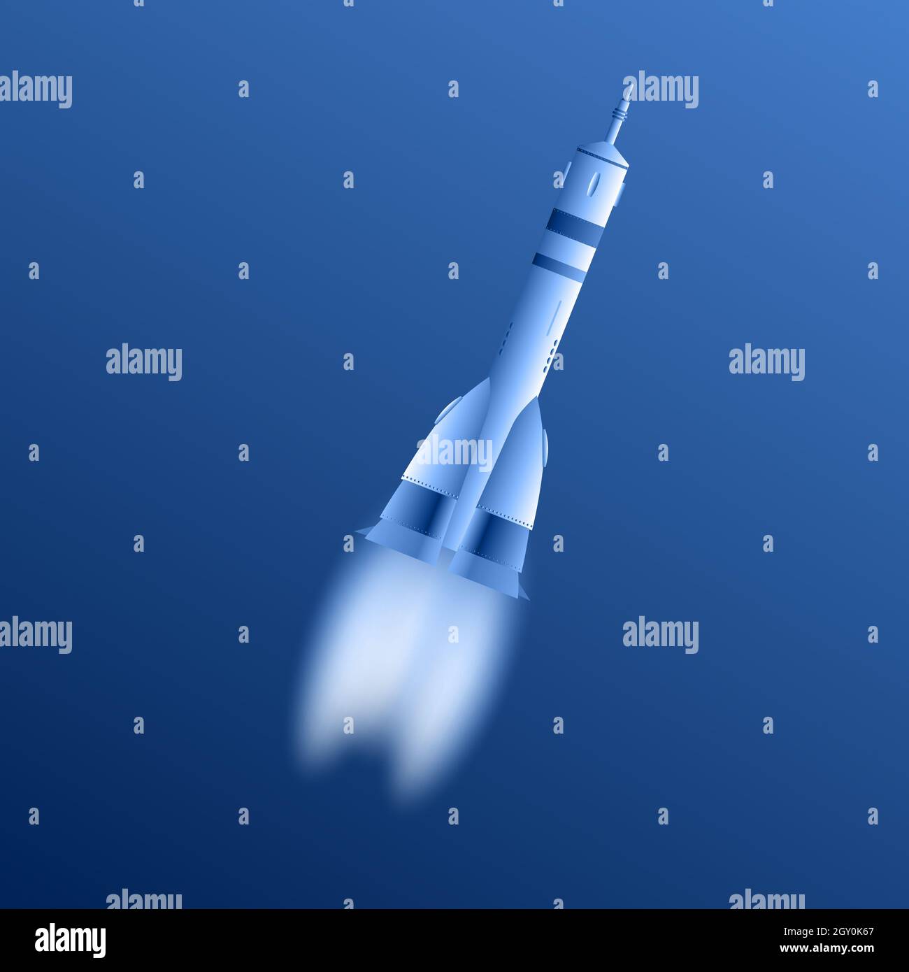 A long spaceship with flames from engines flies on blue background ...