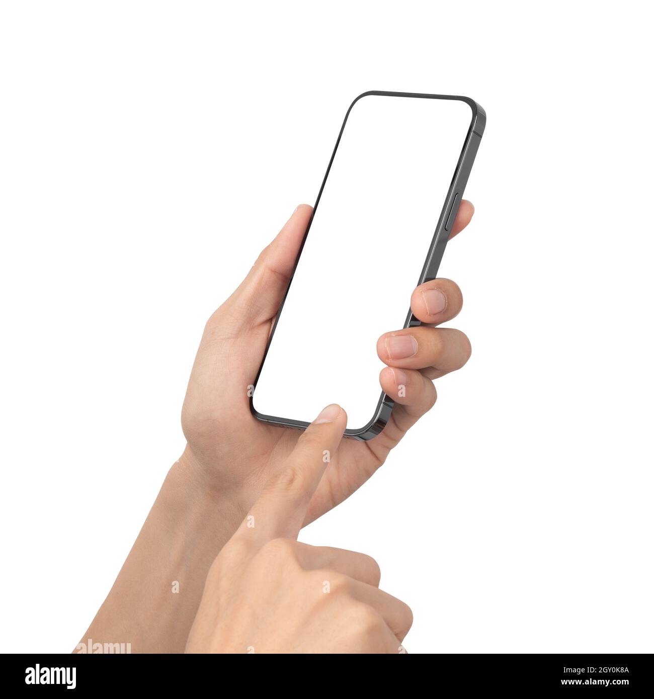 Male hand holding the black smartphone and touching on blank screen ...