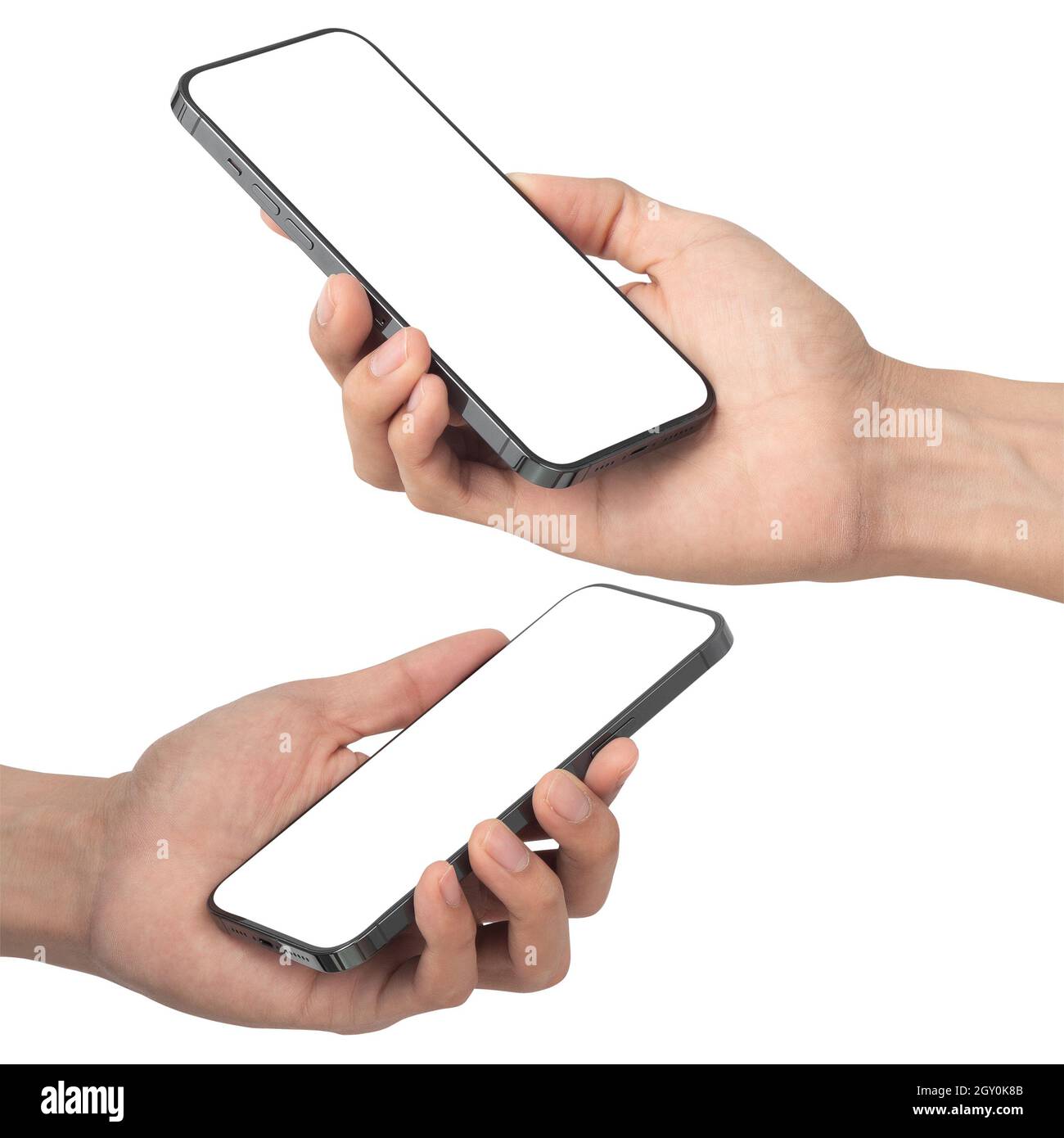 Set of man hand holding the black smartphone with blank screen isolated ...