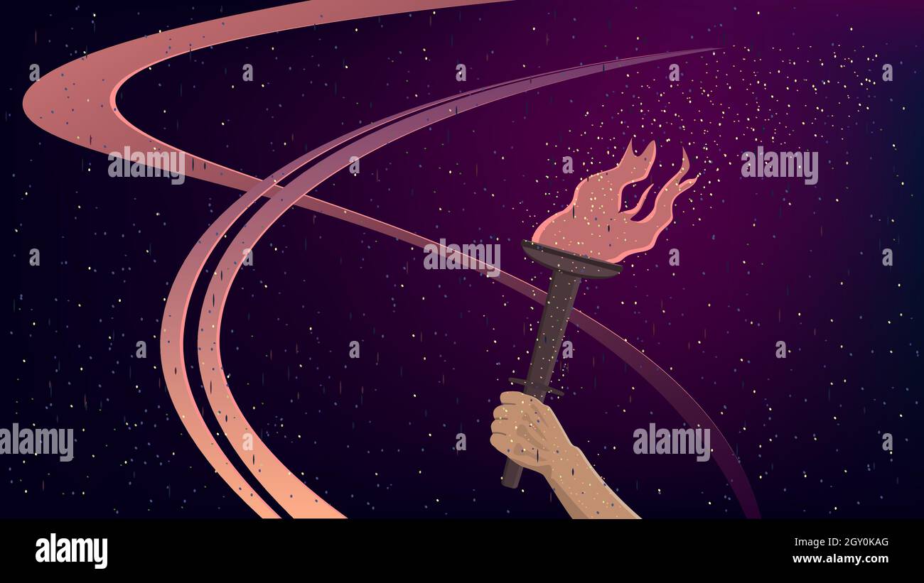 Burning torch in hand in cartoon style on dark background. Sport banner ...