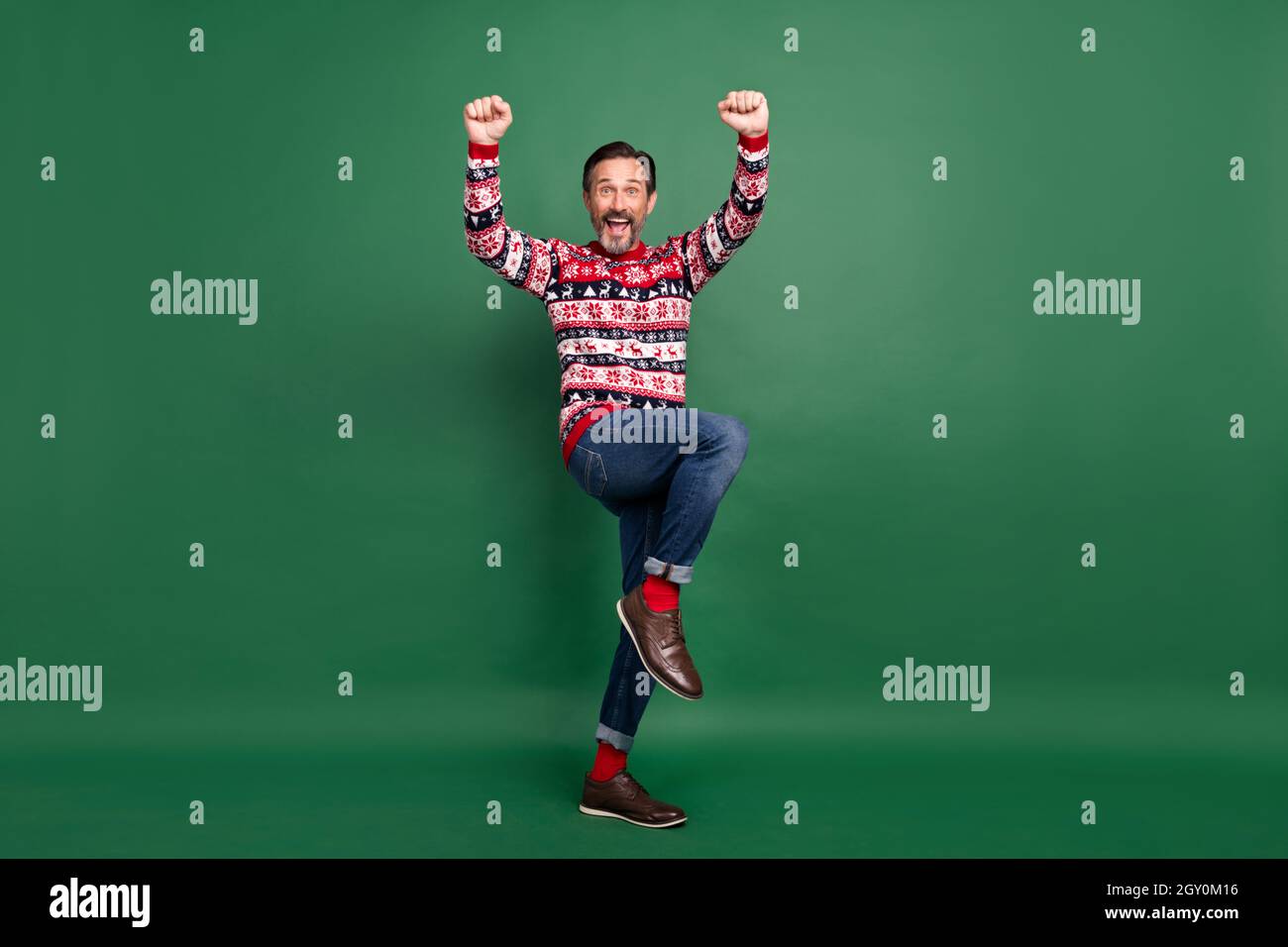 Full length body size photo man overjoyed gesturing like winner ...