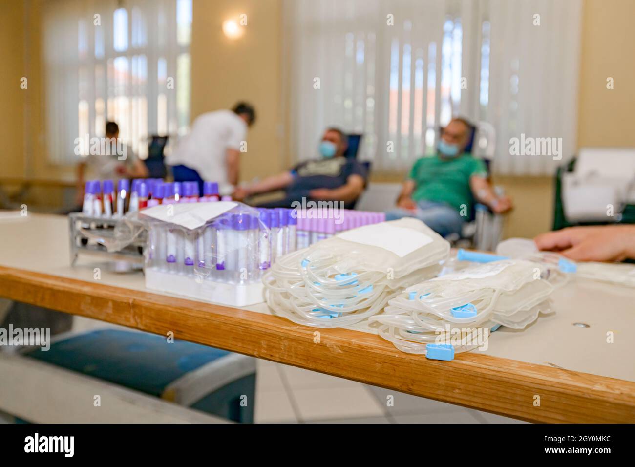 Pile of empty clean blood bags and tube test for research laboratory ...
