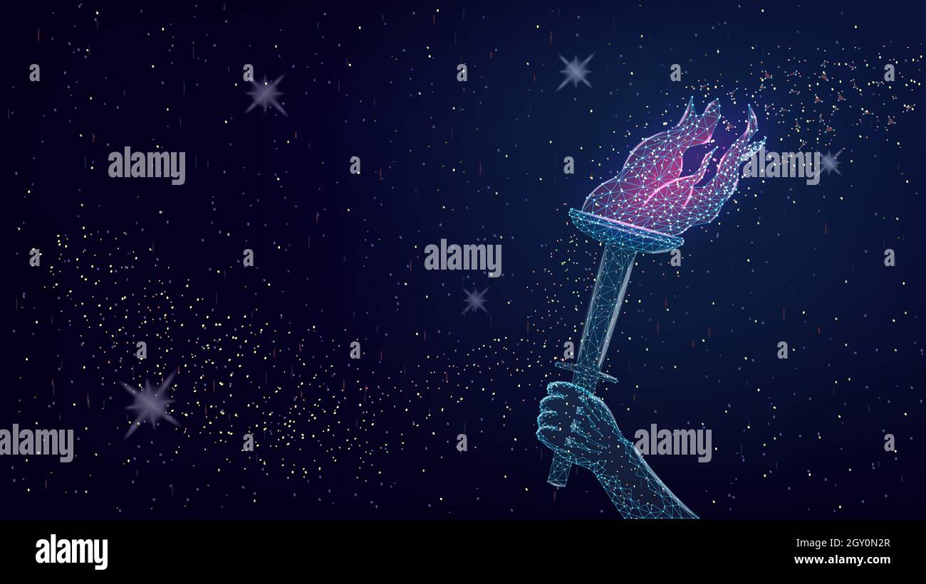 Burning torch in hand in polygonal style on dark blue background ...