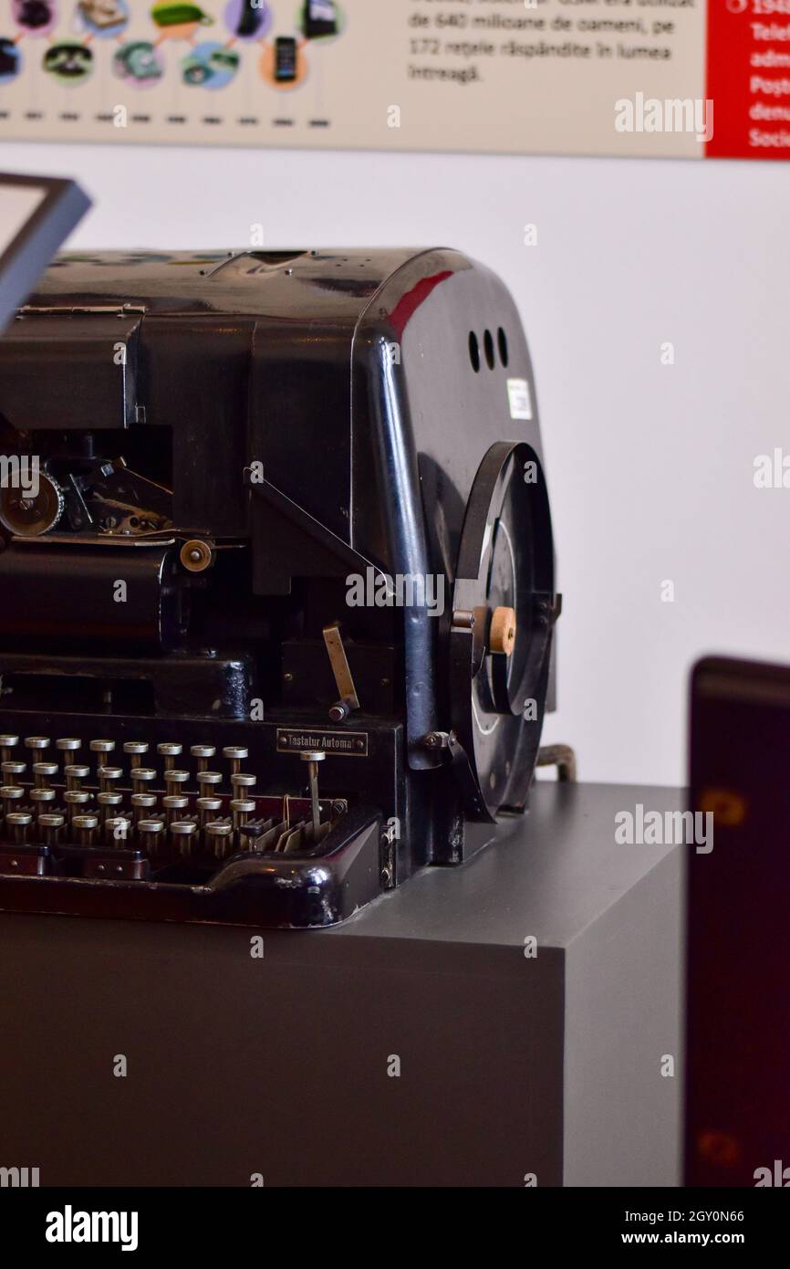 Vertical shot of a typewriter displayed at the Science and Technology ...