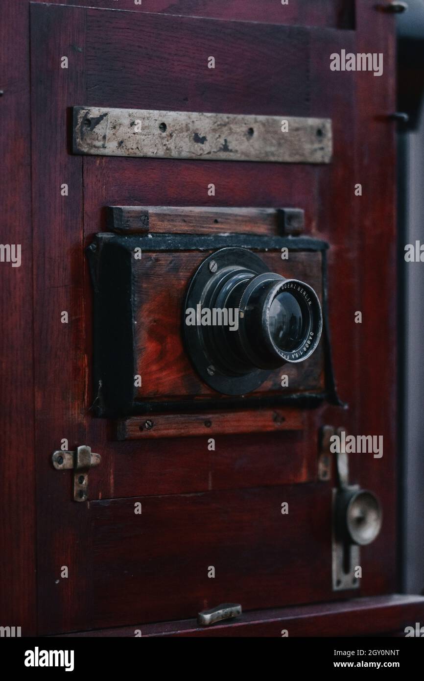 Vertical shot of a filming camera displayed at the Science and ...