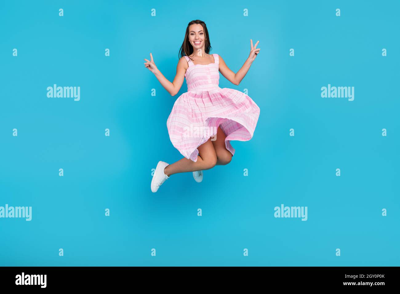 Full length photo of happy cheerful young woman jump fly skirt show v ...