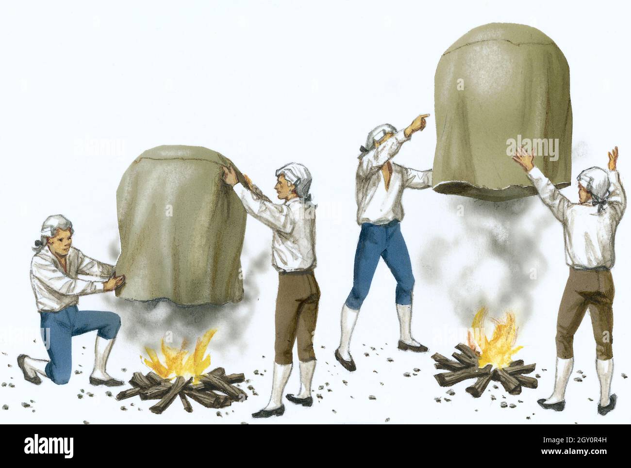 Two men holding a large bag over a fire, trapping the hot air in the ...