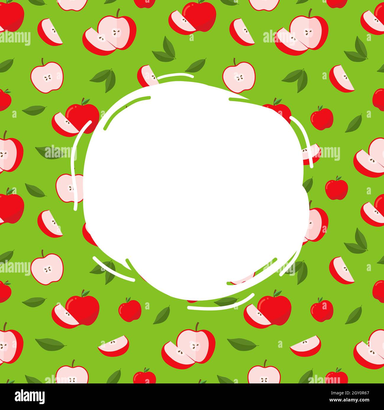 Round white label for text on green background with Bright red apples ...