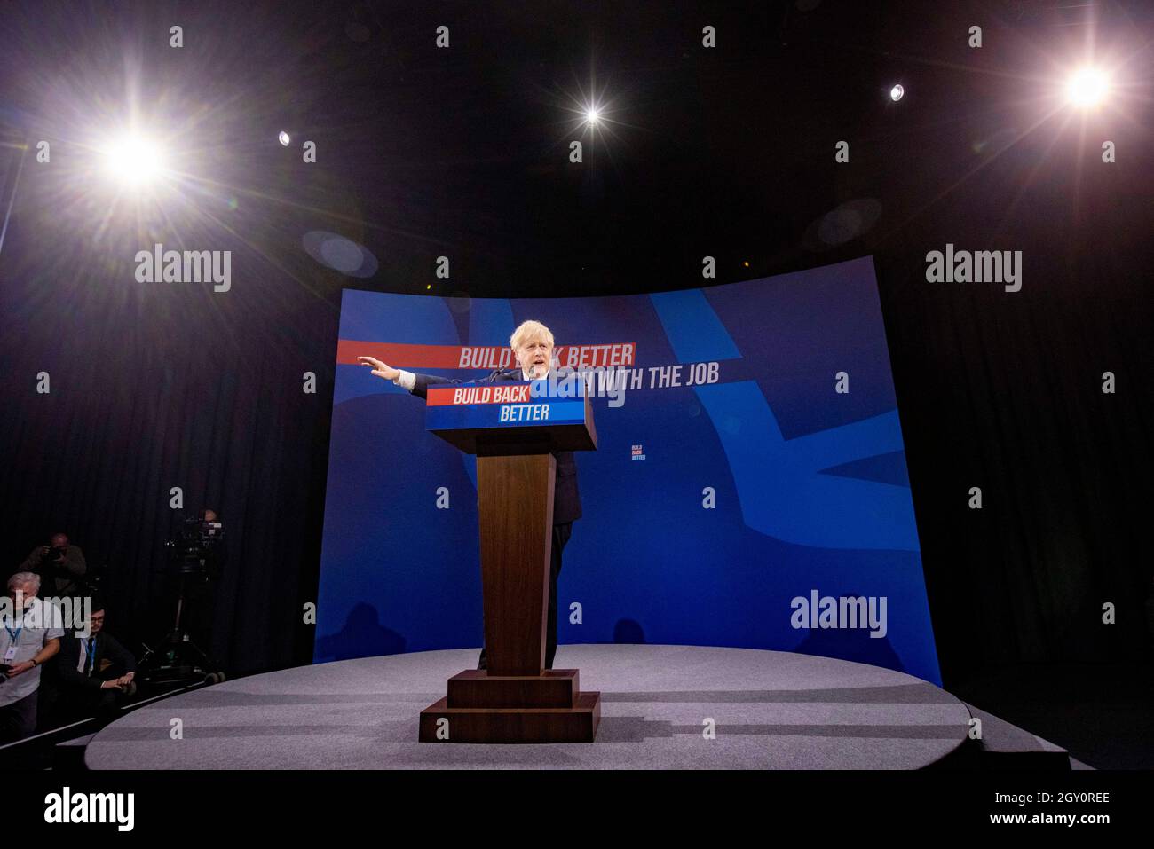 Manchester, UK. 6th Oct, 2021. Prime Minister, Boris Johnson, gives his ...