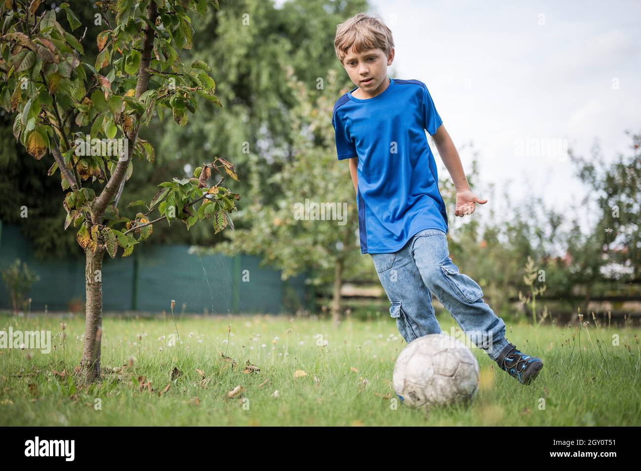 Young boy playing soccer in the garden during summer day Stock Photo ...