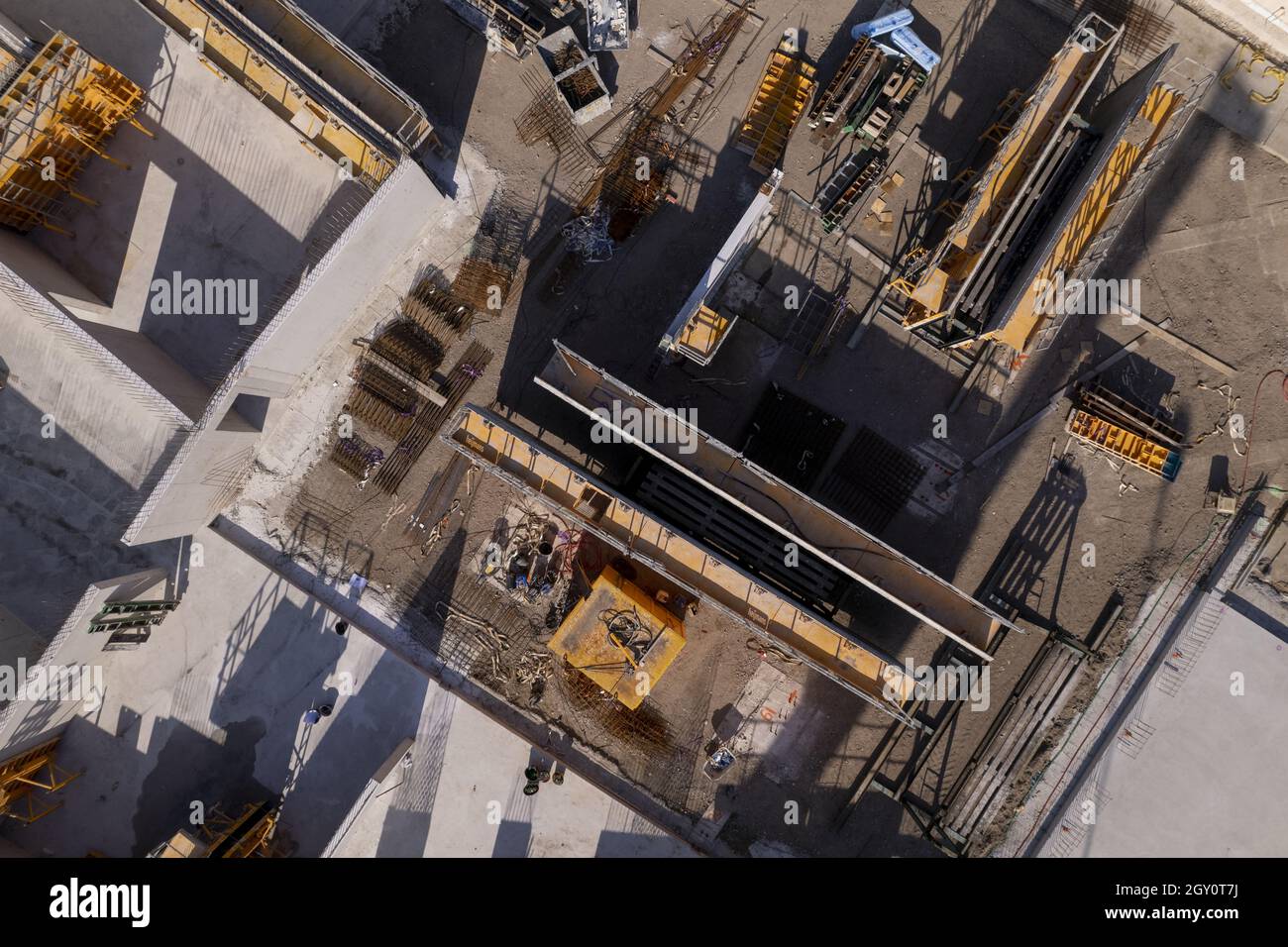Top down aerial industrial view of building plot. Housing and urban ...