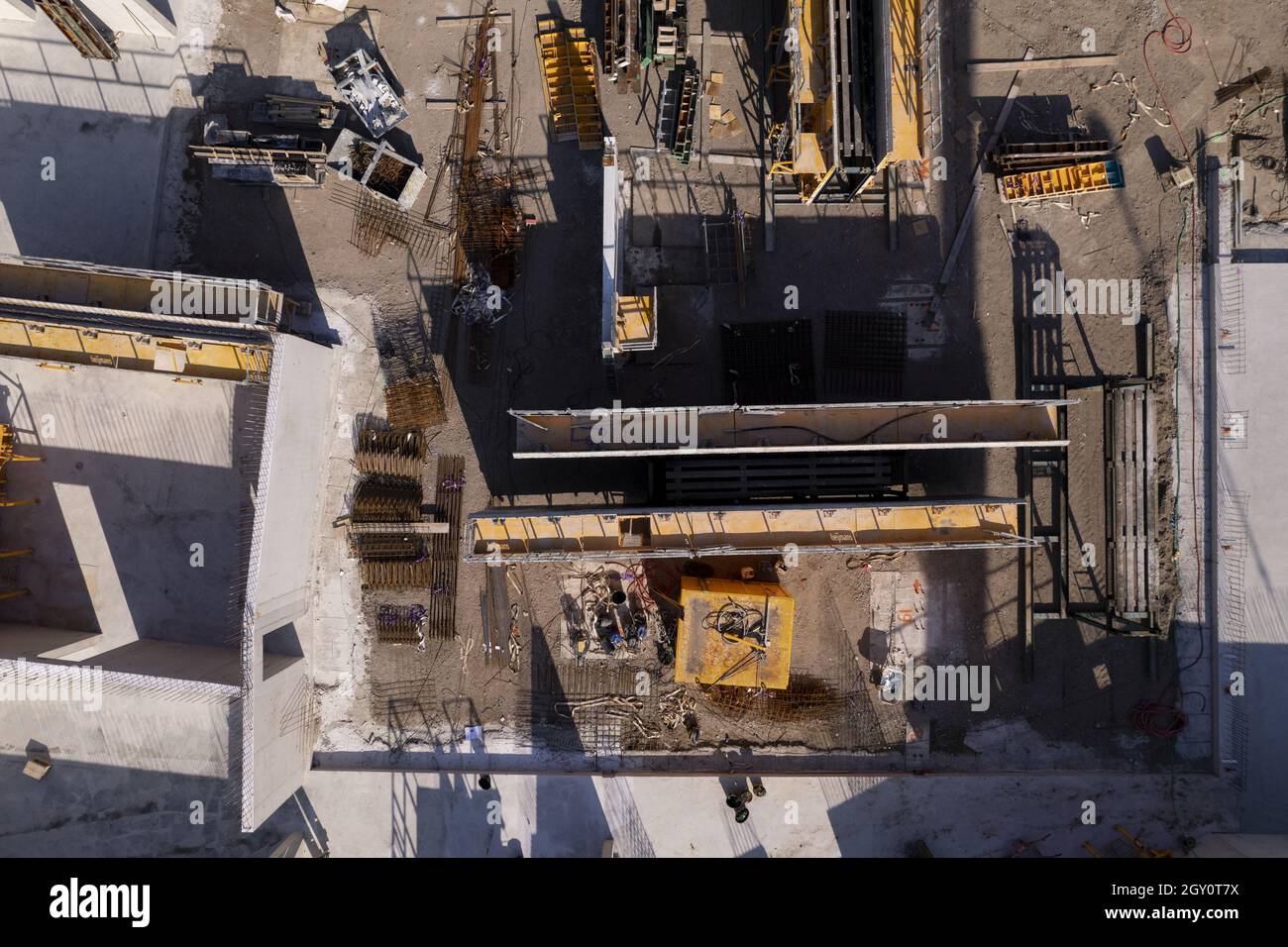 Top down aerial industrial view of building plot. Housing and urban ...