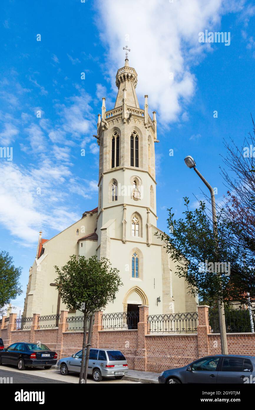 Steeple of Szent Mihaly-templom (St Saint Michael church), built in ...