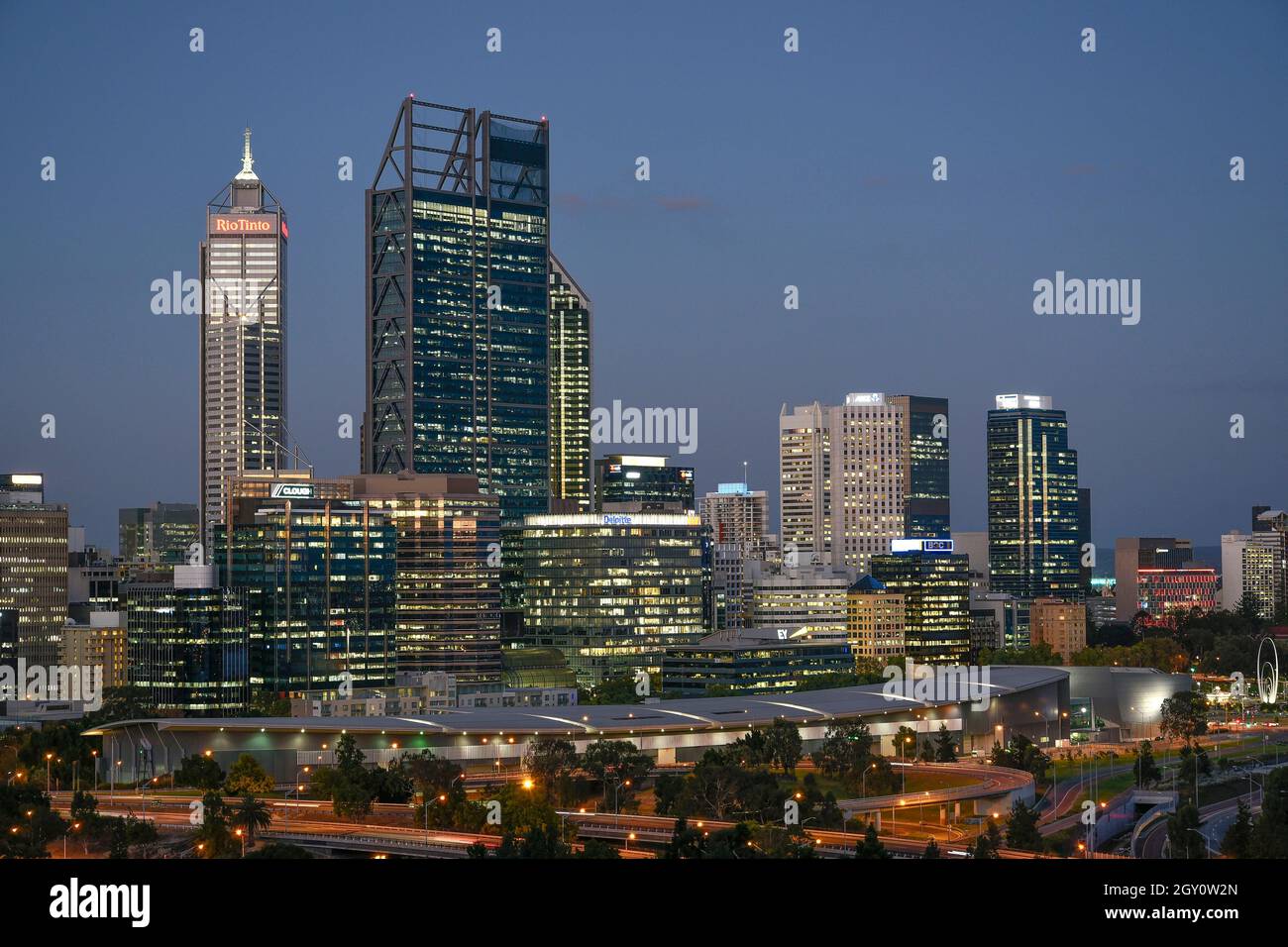 Western Australia, Perth. Panoramic night view of the city skyline from ...