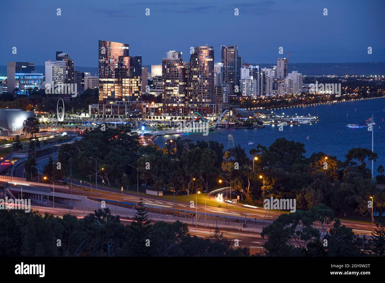 Western Australia, Perth. Panoramic night view of the city skyline from ...
