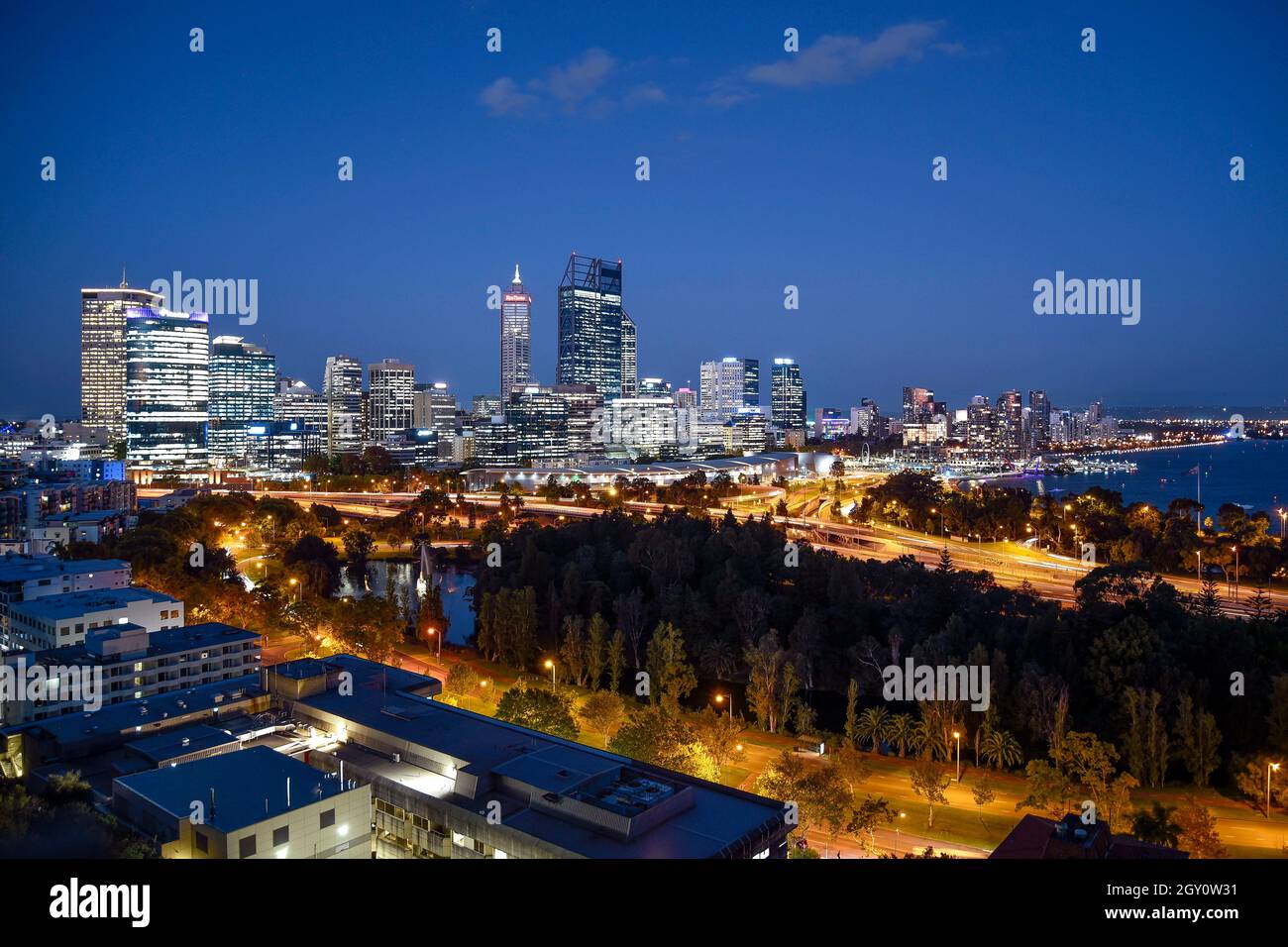 Western Australia, Perth. Panoramic night view of the city skyline from ...