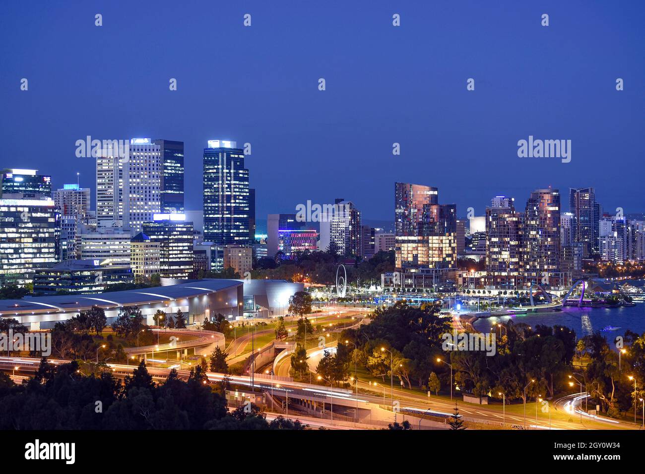 Western Australia, Perth. Panoramic night view of the city skyline from ...