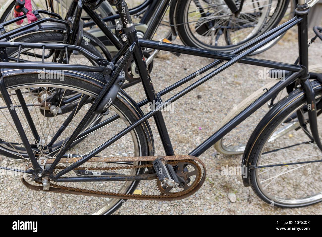 WIERDEN, NETHERLANDS - Aug 20, 2021: Closeup of vintage design black bike stationed in park with ...