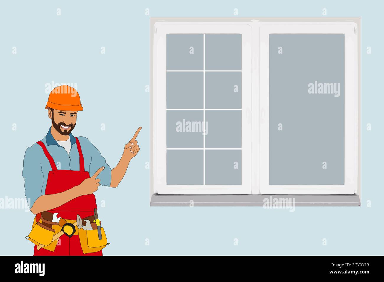 Plastic windows install and repair service. Installer worker in uniform ...