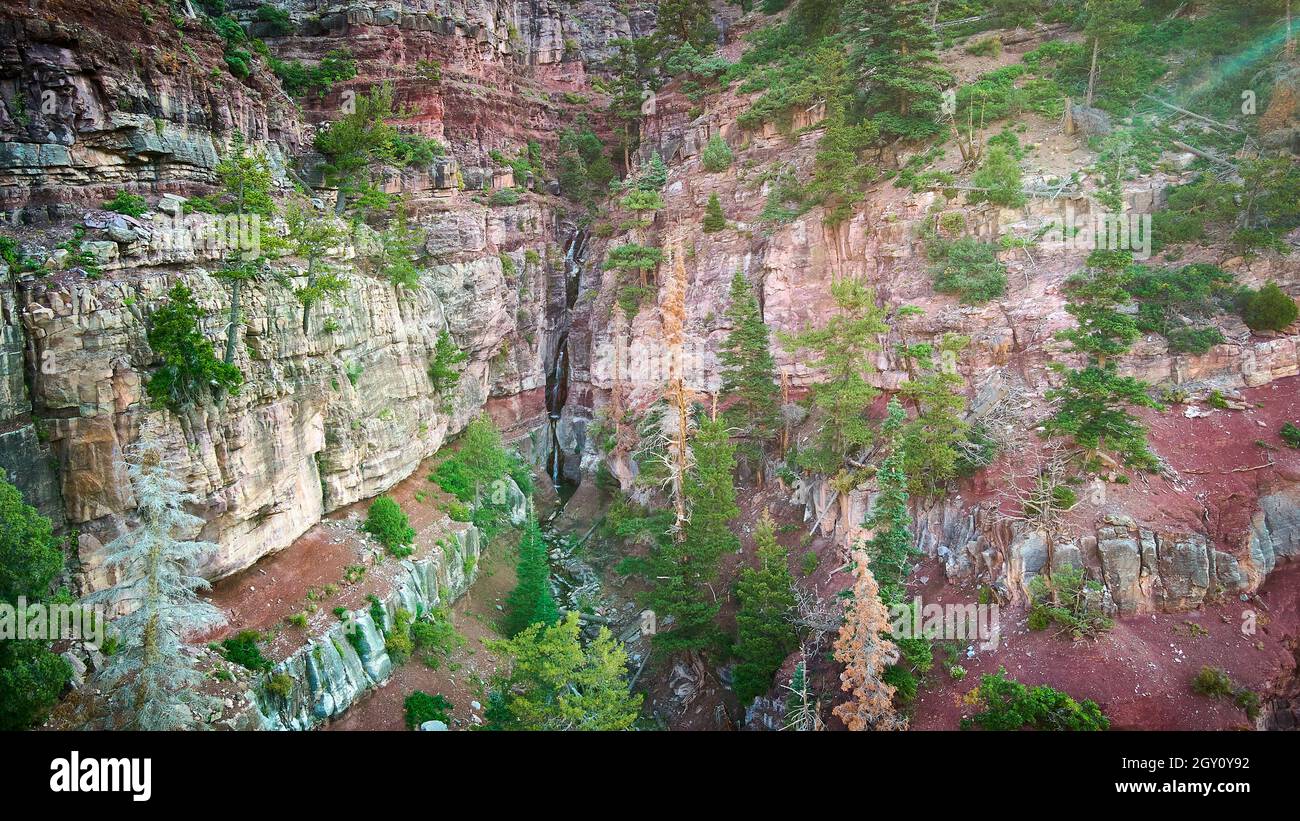 Large canyon with tall waterfall flowing from top to bottom and trees ...