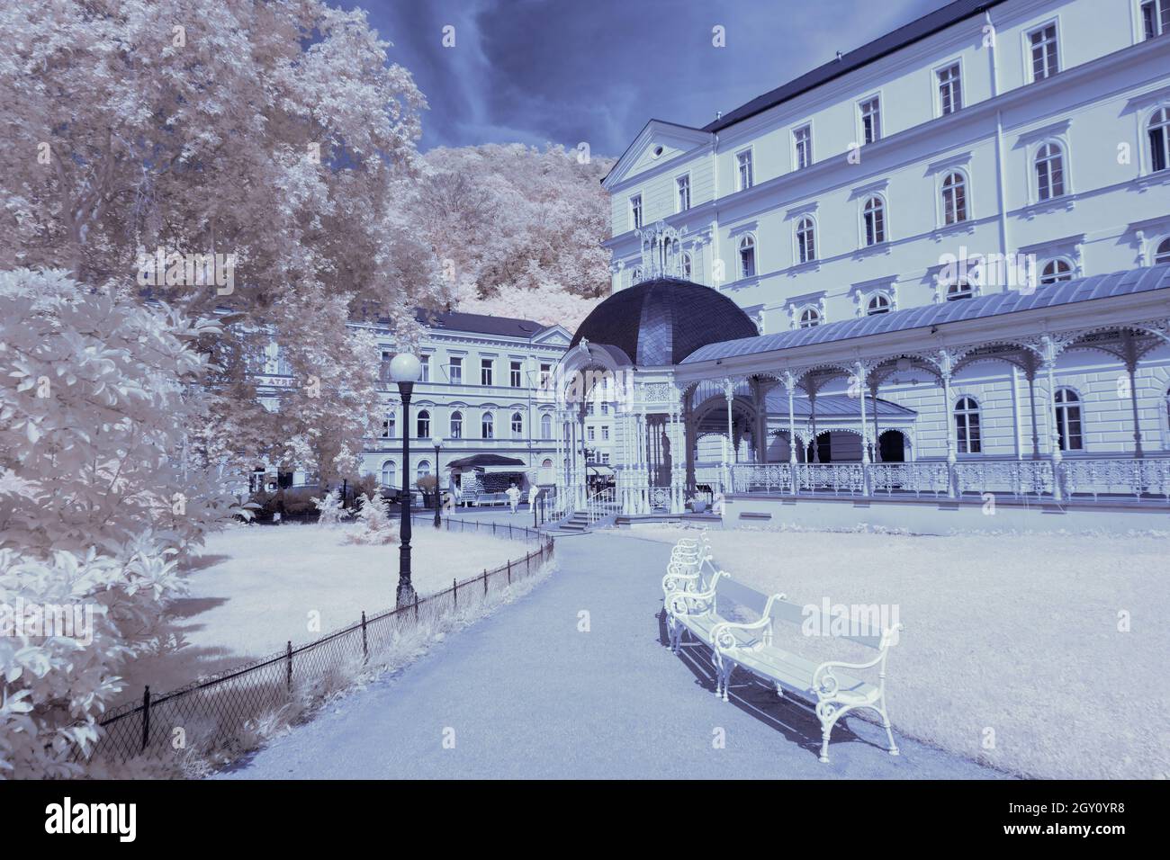 Infrared landscape with glowing white vegetation using 720nm filter ...
