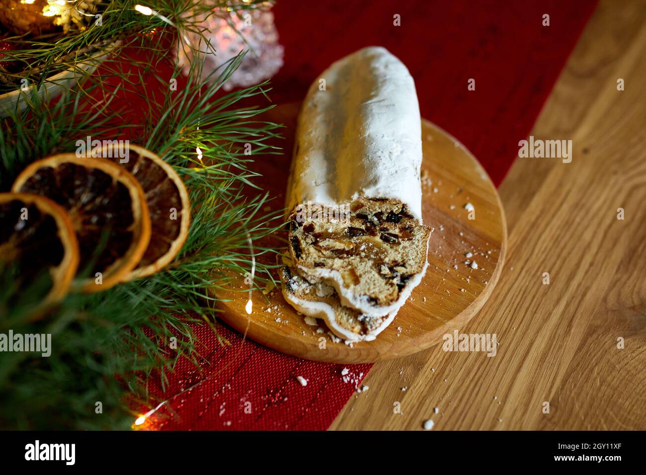 Stollen German christmas bread, Christmas stollen on wooden background ...