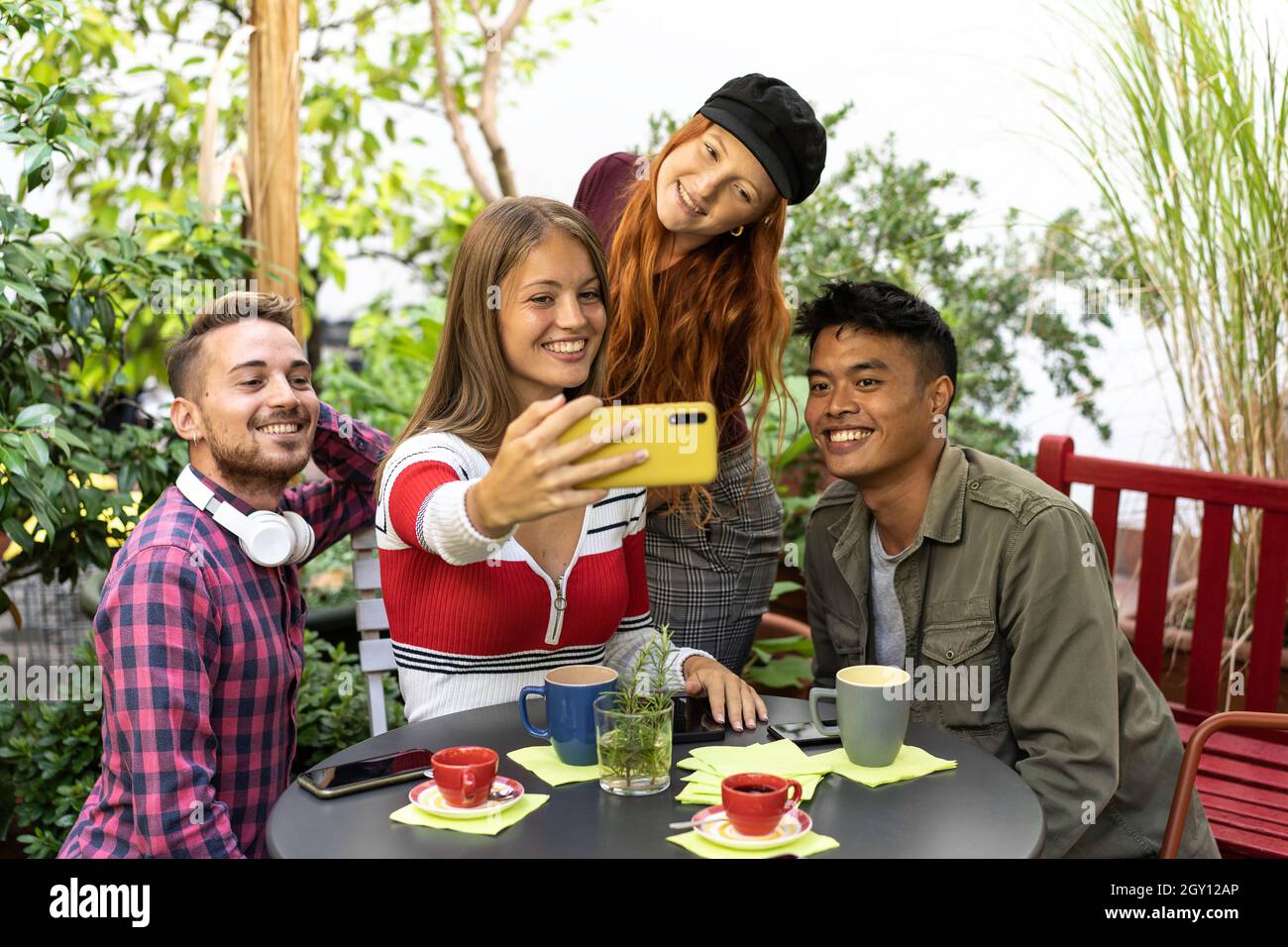Multicultural Happy Friends Having Fun Taking Group Selfie Portrait