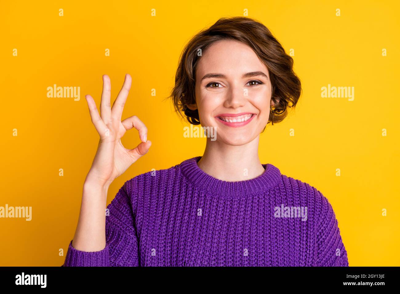Portrait of attractive cheerful girl showing ok-sign ad advert decision ...