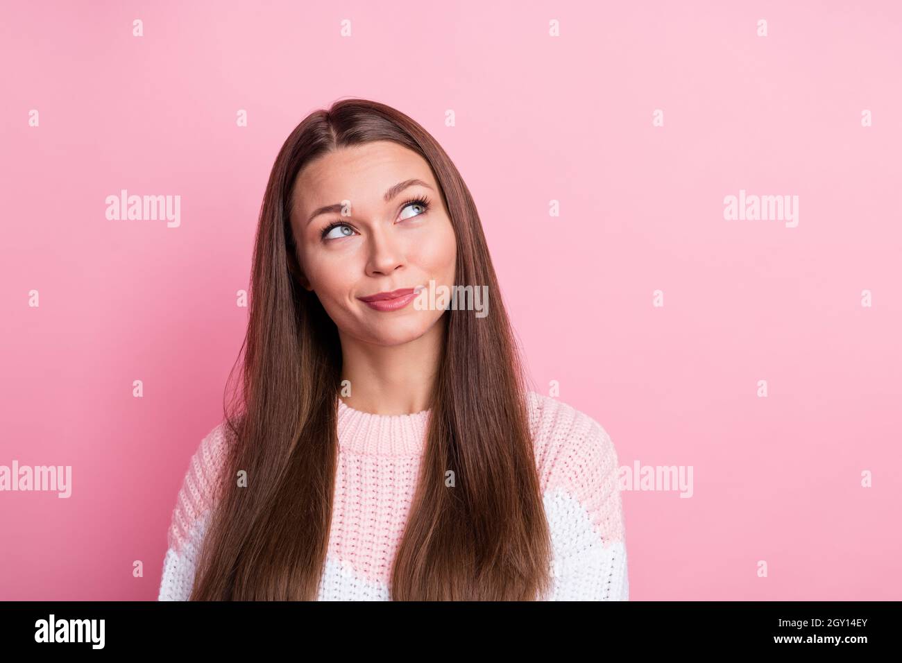 Photo portrait of cunning dreamy model looking empty space isolated on ...